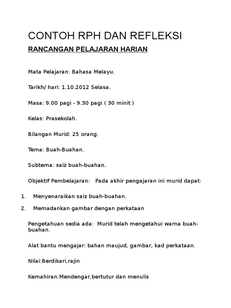 Contoh RPH Dan Refleksi | PDF