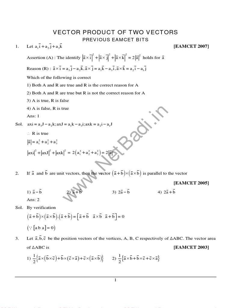 Vector Product EAMCET Questions | PDF | Teaching Methods & Materials