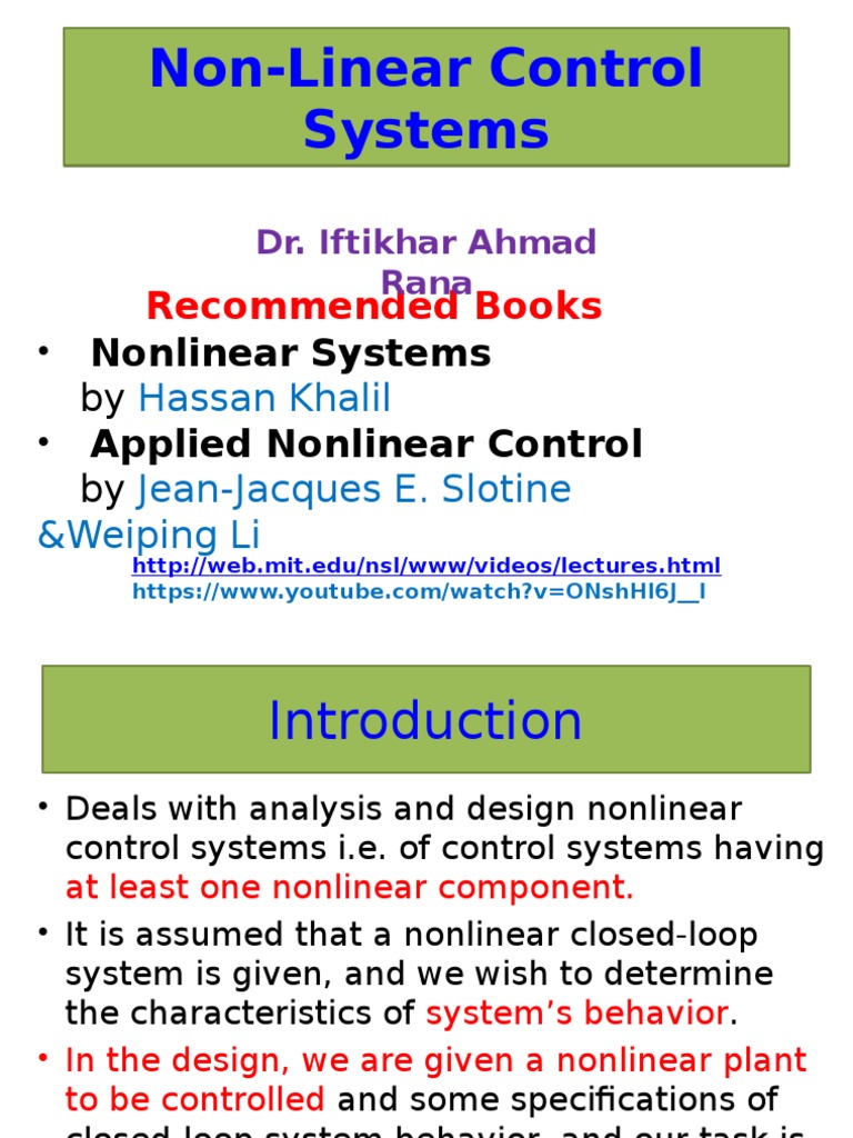Non-Linear Control Systems: Recommended Books | Download Free PDF ...