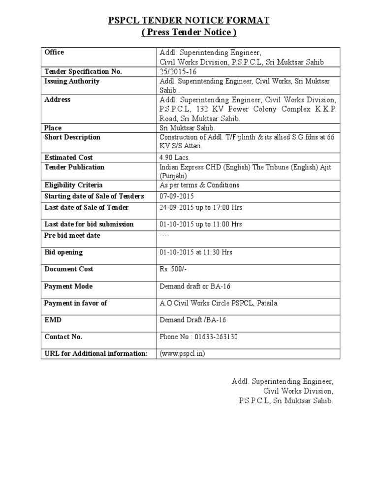 PSPCL Tender Notice Format (Press Tender Notice) | PDF | Government ...