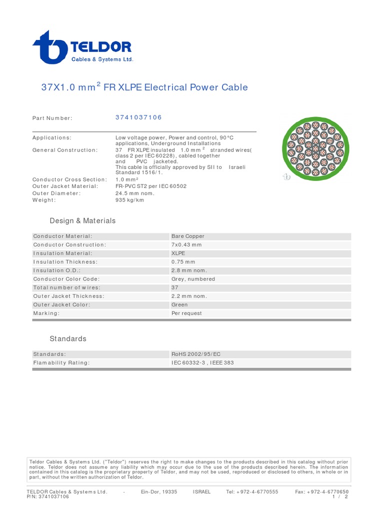 37X1.0 mm² FR XLPE Power Cable Specs | PDF | Technology & Engineering