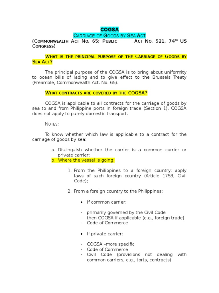 C G S A: Cogsa | PDF | Bill Of Lading | Common Carrier
