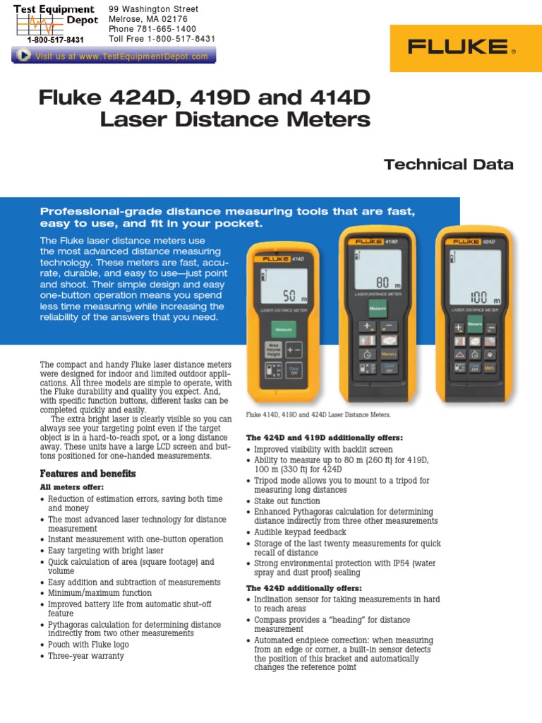 Fluke 424D, 419D and 414D Laser Distance Meters: Technical Data ...