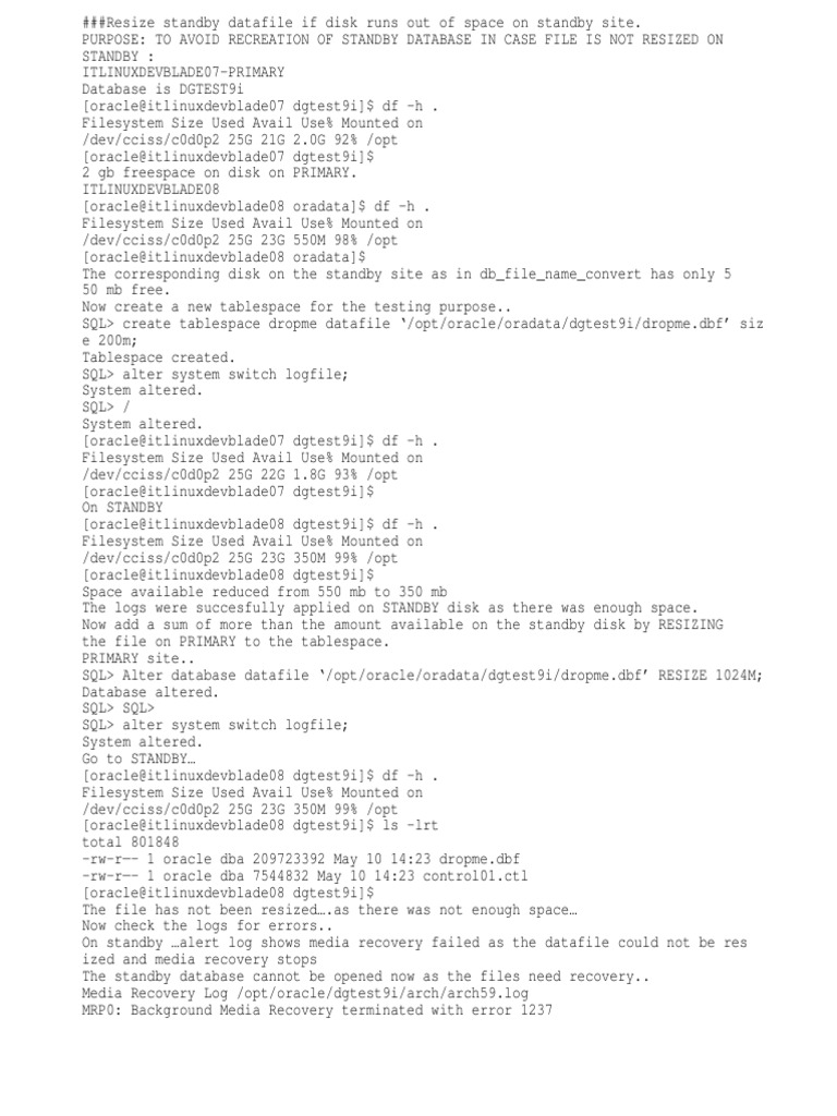Resize Standby Datafile If Disk Runs Out of Space On Standby Site | PDF | Oracle Database ...