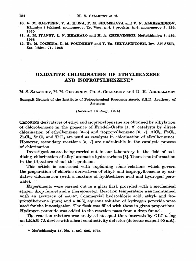 Oxidative Chlorination of Ethylbenzene | PDF | Reaction Rate | Chemical ...