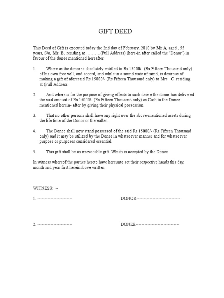 Irrevocable Cash Gift Deed Template | PDF