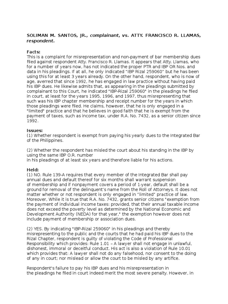 Respondent.: Soliman M. Santos, JR., Complainant, vs. Atty. Francisco R ...