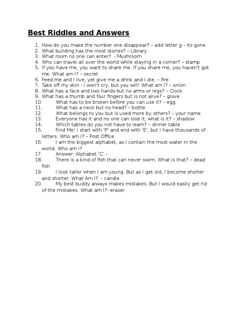Best Riddles and Answers | PDF | Language Arts & Discipline | Foreign ...
