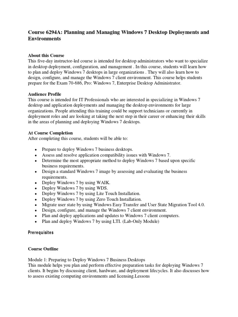 6294A Planning and Managing Windows 7 Desktop Deployments and Environments | Download Free PDF ...