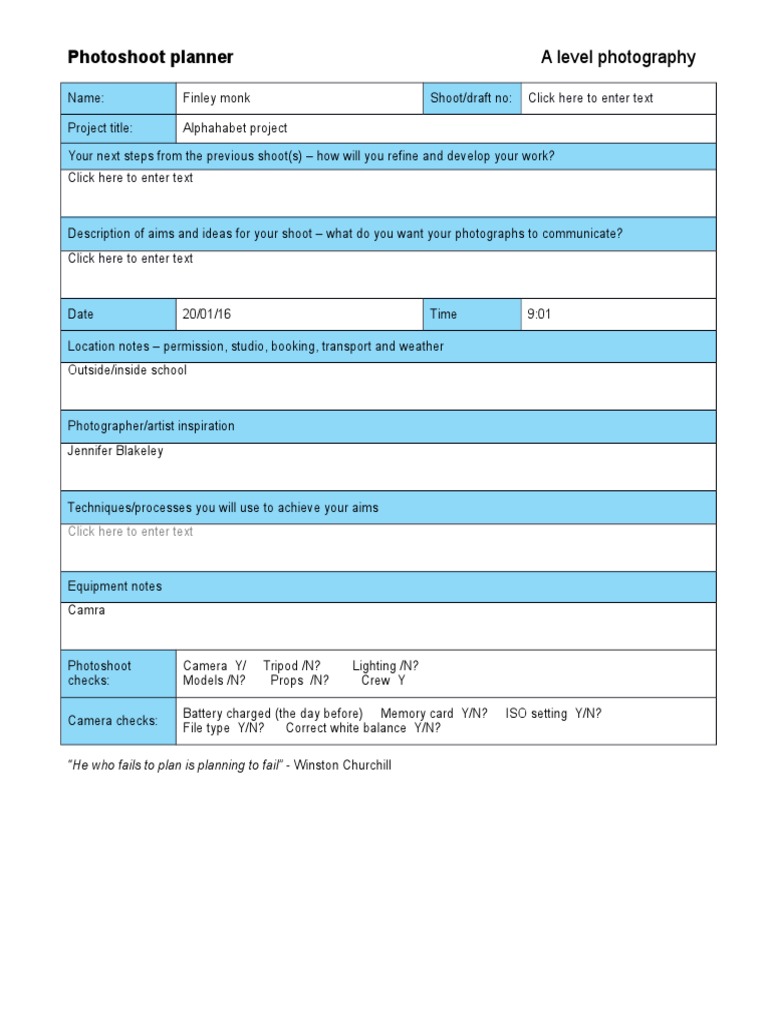 Photography Shoot Planner Template | PDF