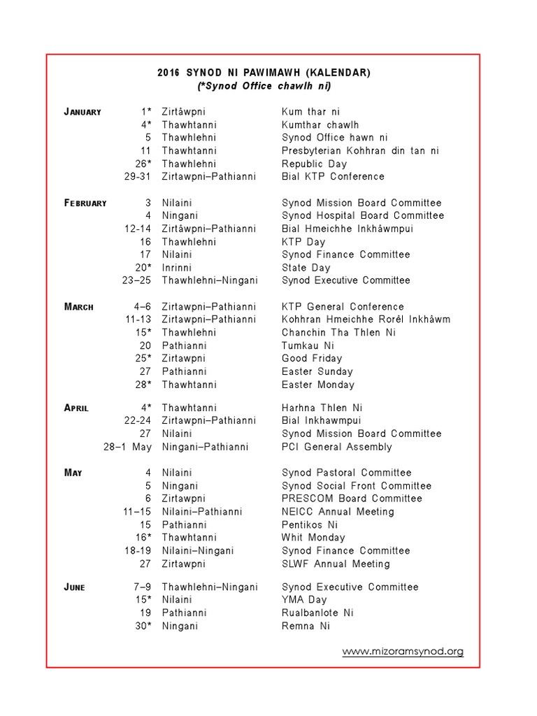 2016 Synod Kalendar | PDF | Protestant Denominational Families ...