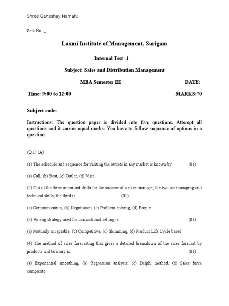 SDM Question Paper Test 1 2015 | PDF | Sales | Business