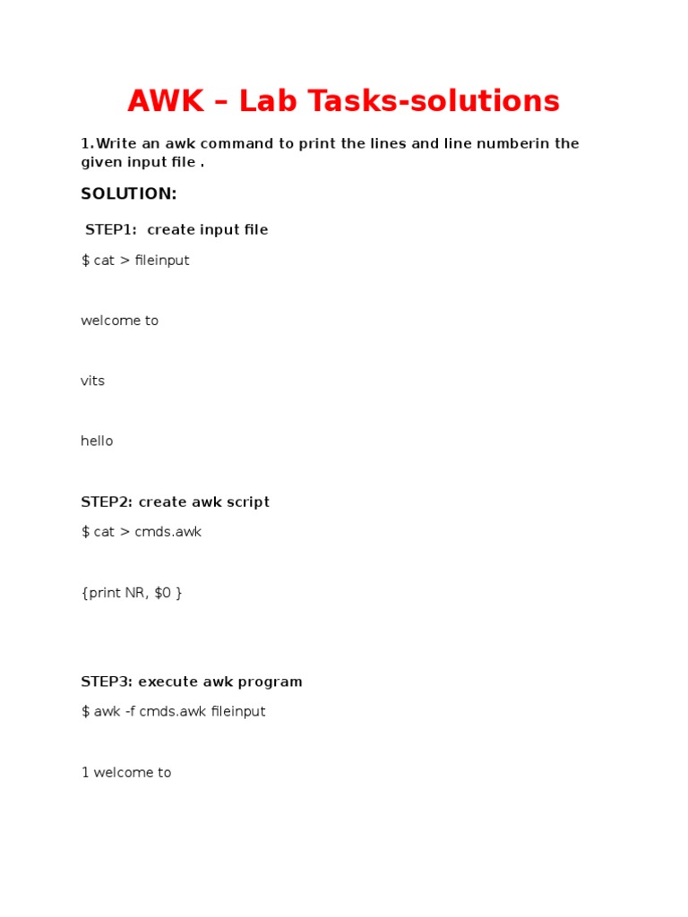 Awk Lab Tasks Solutions | PDF | Scripting Language | Computer Programming