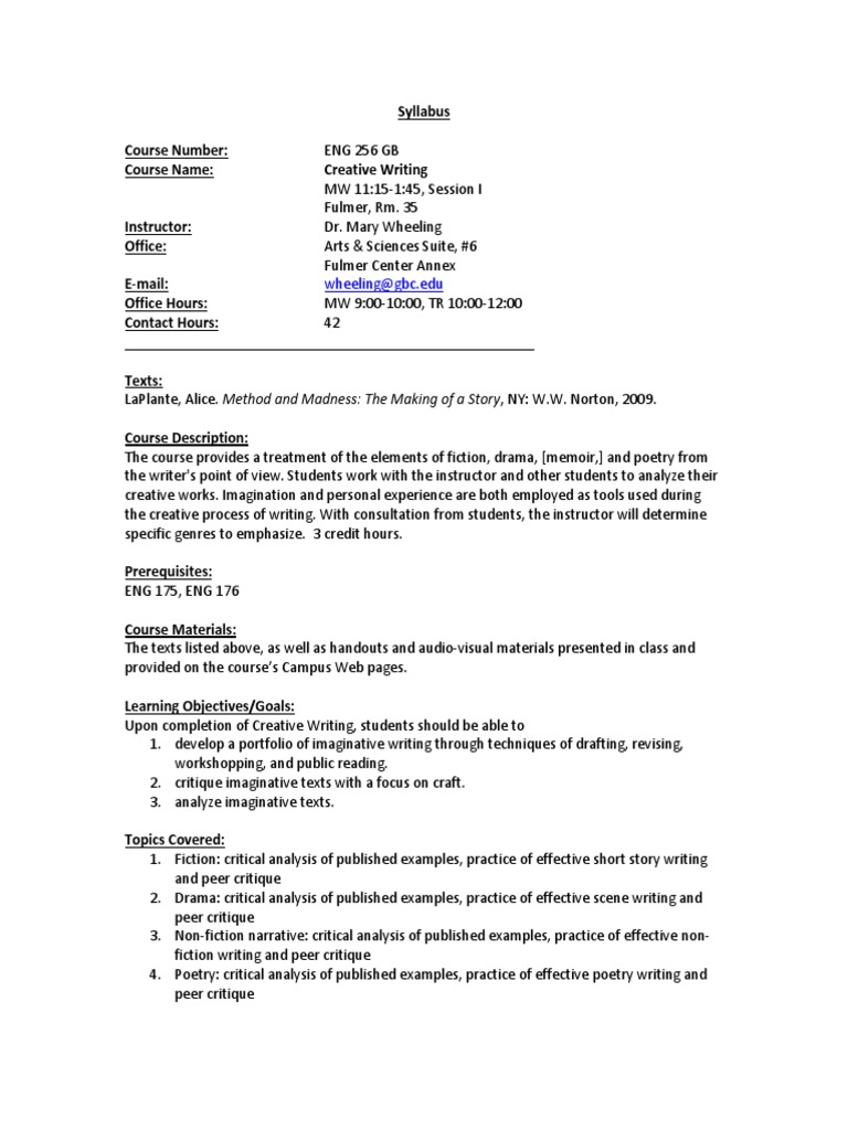 Syllabus Course Number: Course Name: Creative Writing: Wheeling@gbc ...