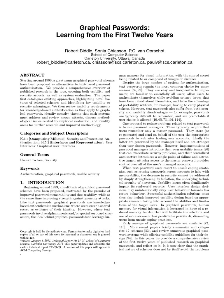 Graphical Passwords: Learning From The First Twelve Years | PDF | Password | Usability