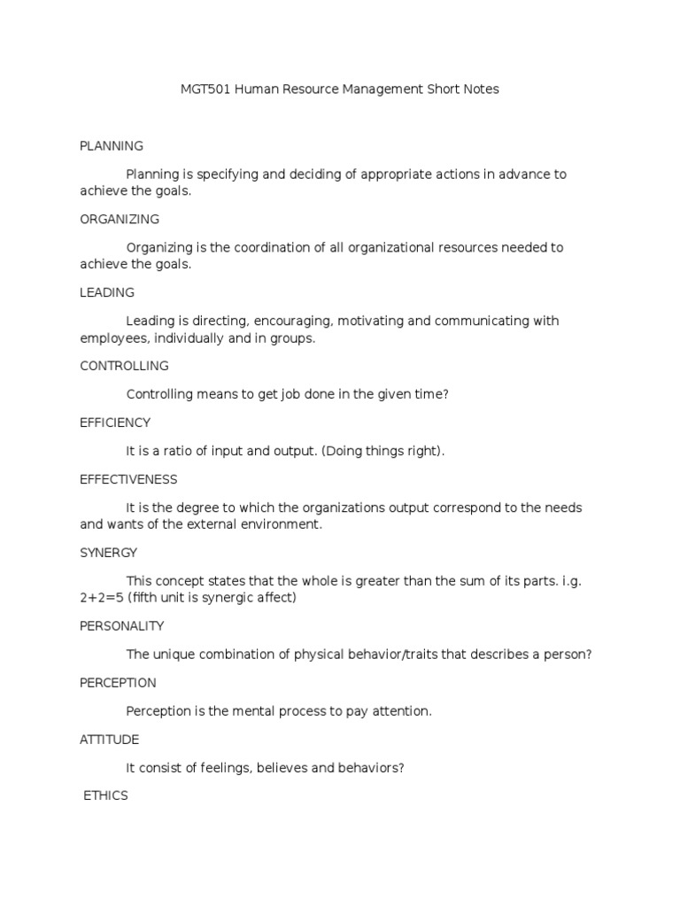MGT501 Human Resource Management Short Notes | PDF | Human Resource ...