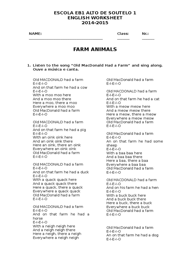 Farm Animals: Escola Eb1 Alto de Soutelo 1 English Worksheet 2014-2015 ...