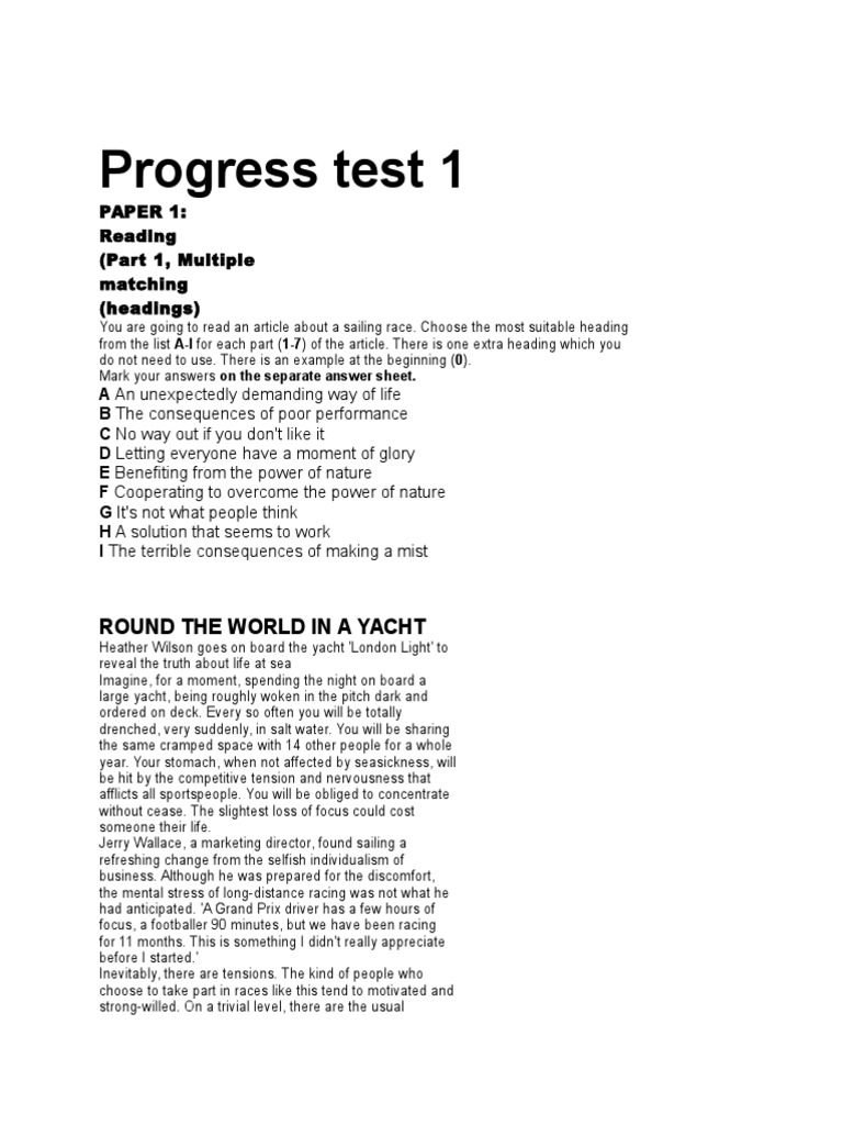 Progress Test 1: Paper 1: Reading (Part 1, Multiple Matching (Headings ...