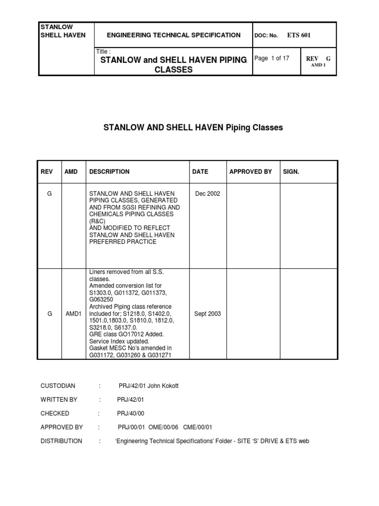ETS 601, Piping Classes | Chlorine | Hydrocarbons