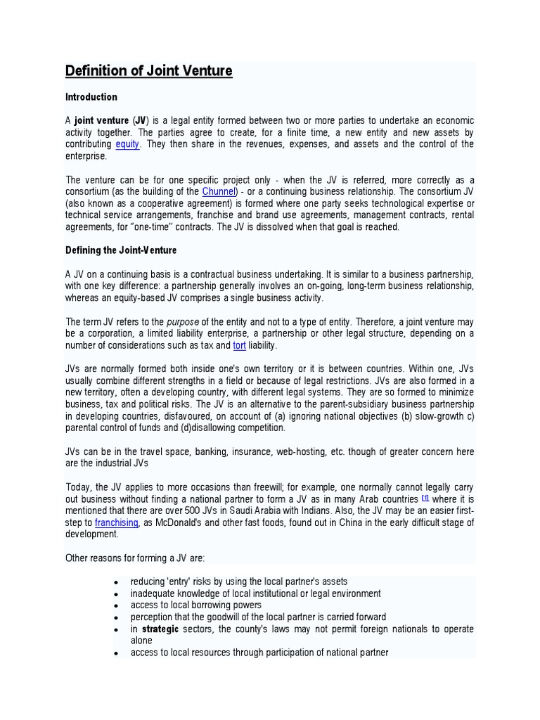Definition - of Joint Venture (JV) | PDF | Joint Venture | Companies