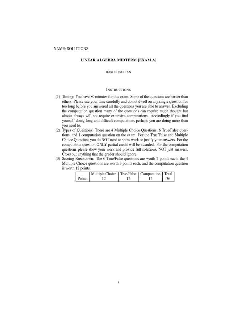 Linear Algebra Midterm Exam Solutions | PDF | Matrix (Mathematics ...