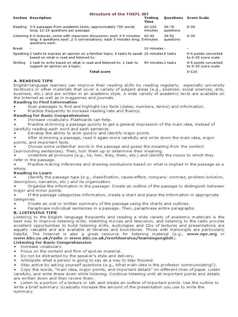 A. Reading Tips: Structure of The TOEFL iBT | PDF | Reading ...