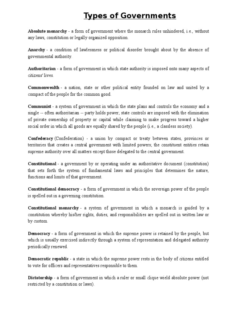 Types of Governments | PDF | Forms Of Government | Monarchy
