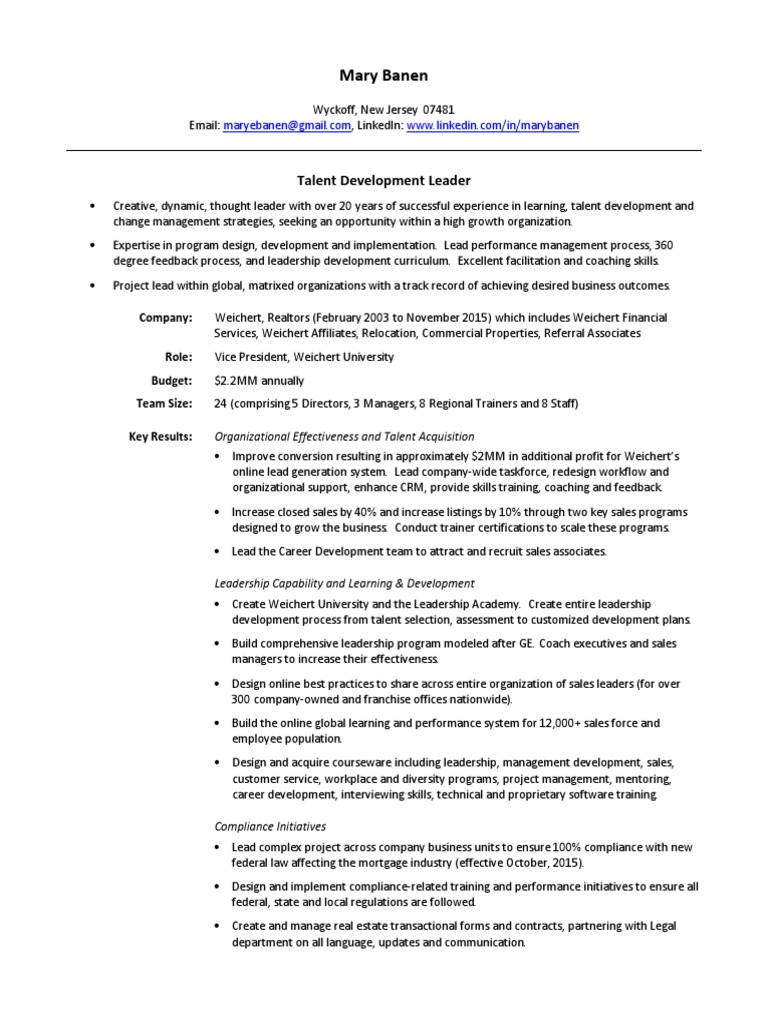 VP Learning Development in Newark NJ Resume Mary Banen | Leadership ...