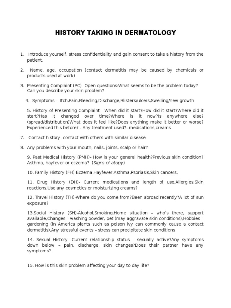 Dermatology History Taking Guide | PDF | Dermatitis | Epidemiology
