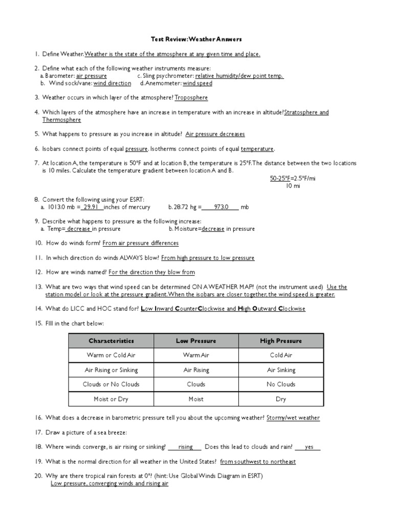 Weather Review Guide and Answers | PDF | Rain | Atmosphere Of Earth