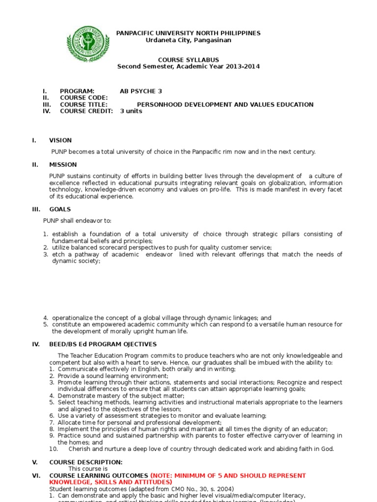 Syllabus - Personhood Development and Values Education | PDF | Learning ...