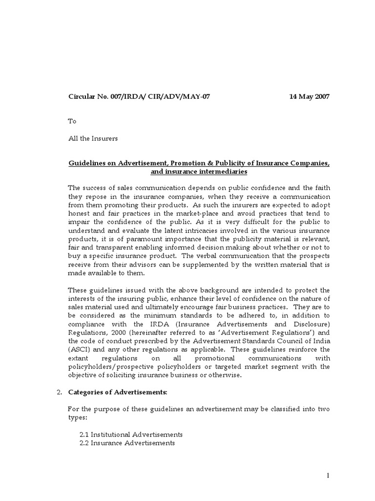 IRDA Circular 2007 | PDF | Insurance | Advertising