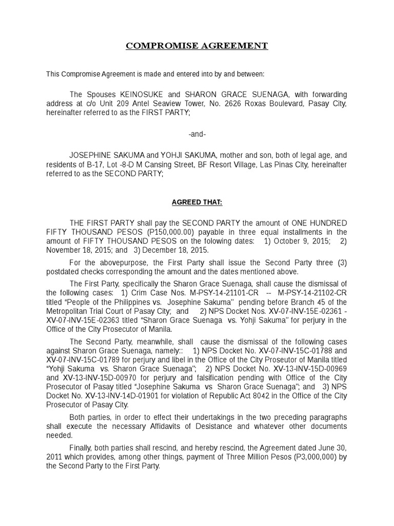 Compromise Agreement Sample | PDF | Legal Procedure | Social Institutions