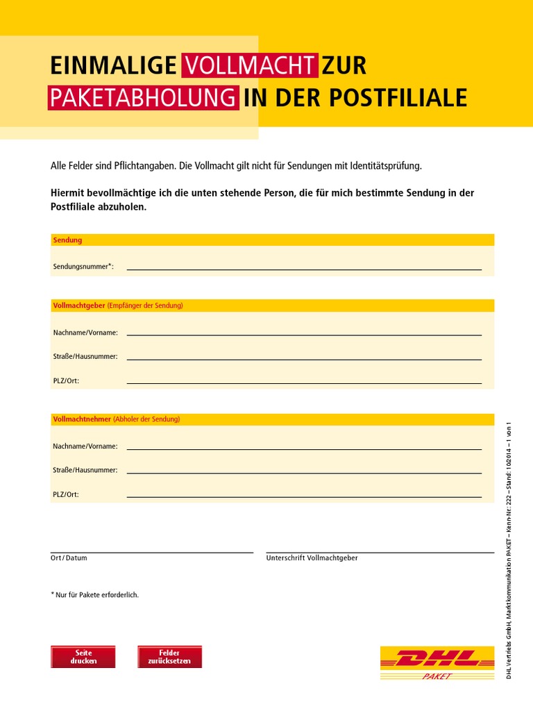 Vollmacht Paket Annehmen Dhl
