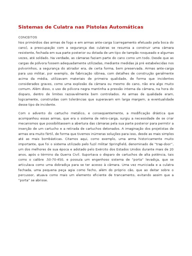 Sistemas de Culatra Nas Pistolas Automáticas | PDF | Arma | Projéteis