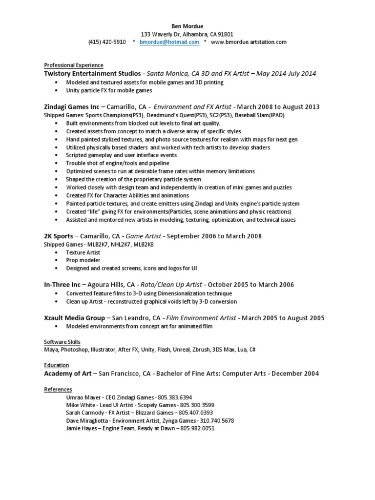 3D and FX Artist Resume: Ben Mordue | PDF