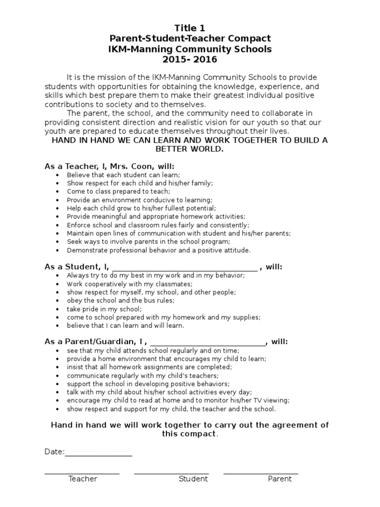 Parent-Student-Teacher Compact 2015 | PDF | Social Science | Wellness