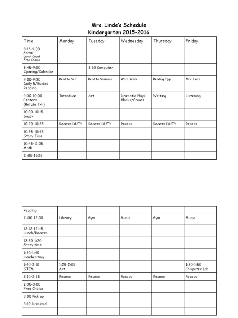Kindergarten Daily Schedule 2015-2016 | PDF