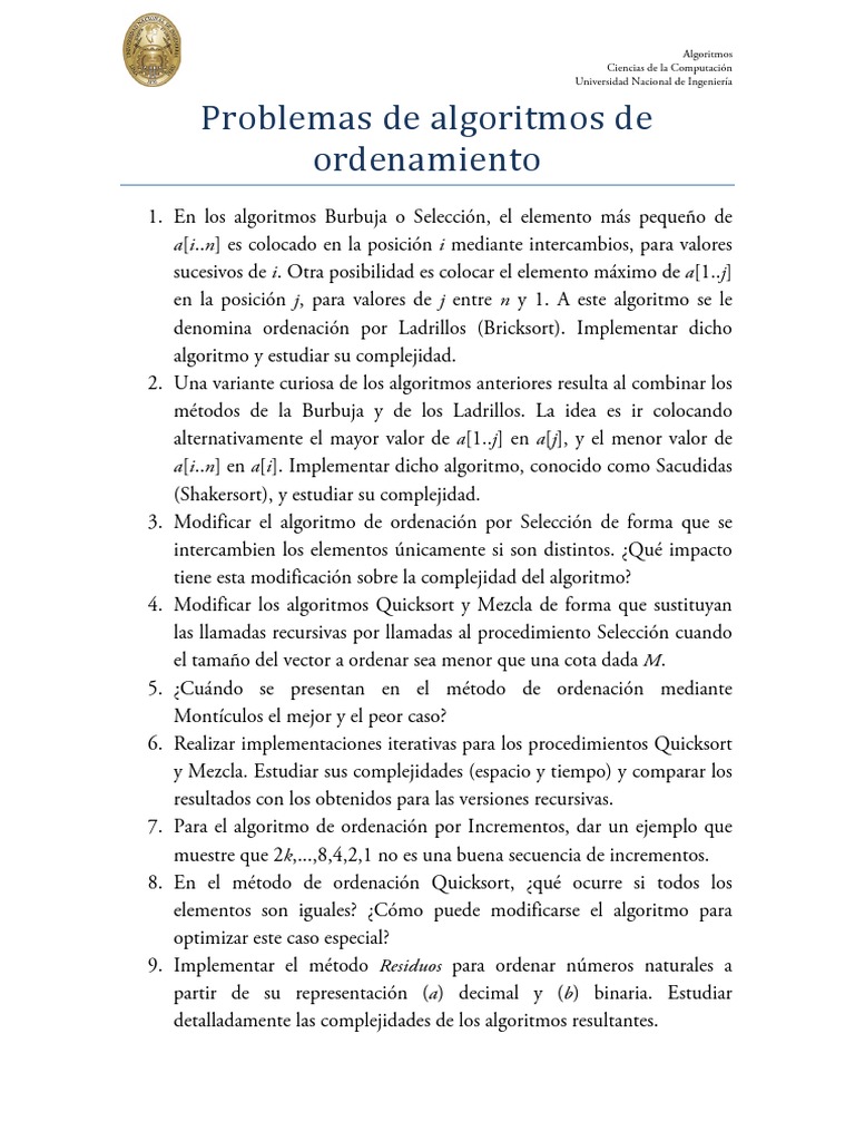 Problemas De Algoritmos De Ordenamiento Pdf Algoritmos Estructura De Datos De Matriz