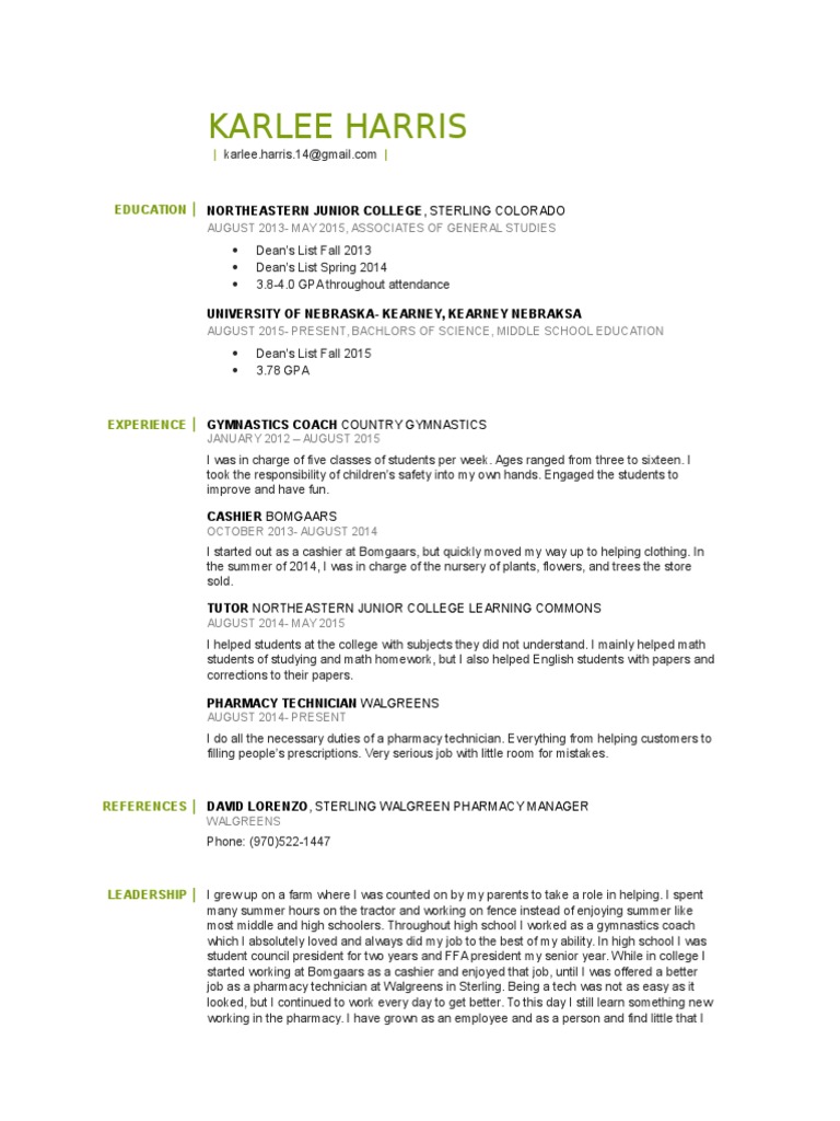 Karlee Harris: Education & Experience Summary | PDF