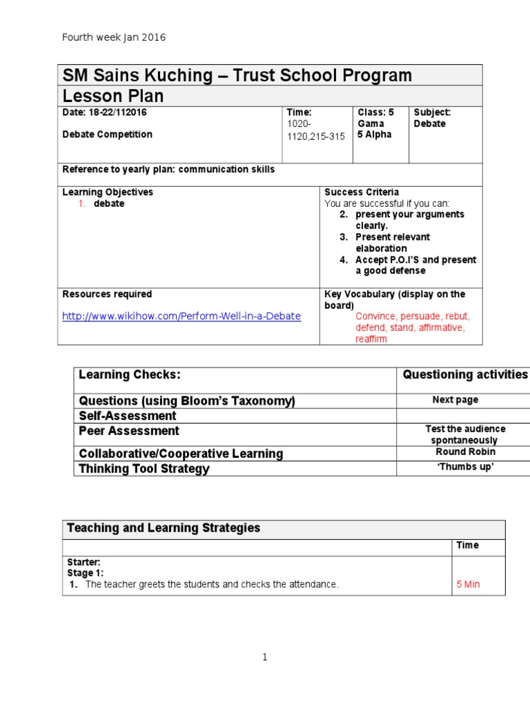 Lesson Plan For Debate | PDF