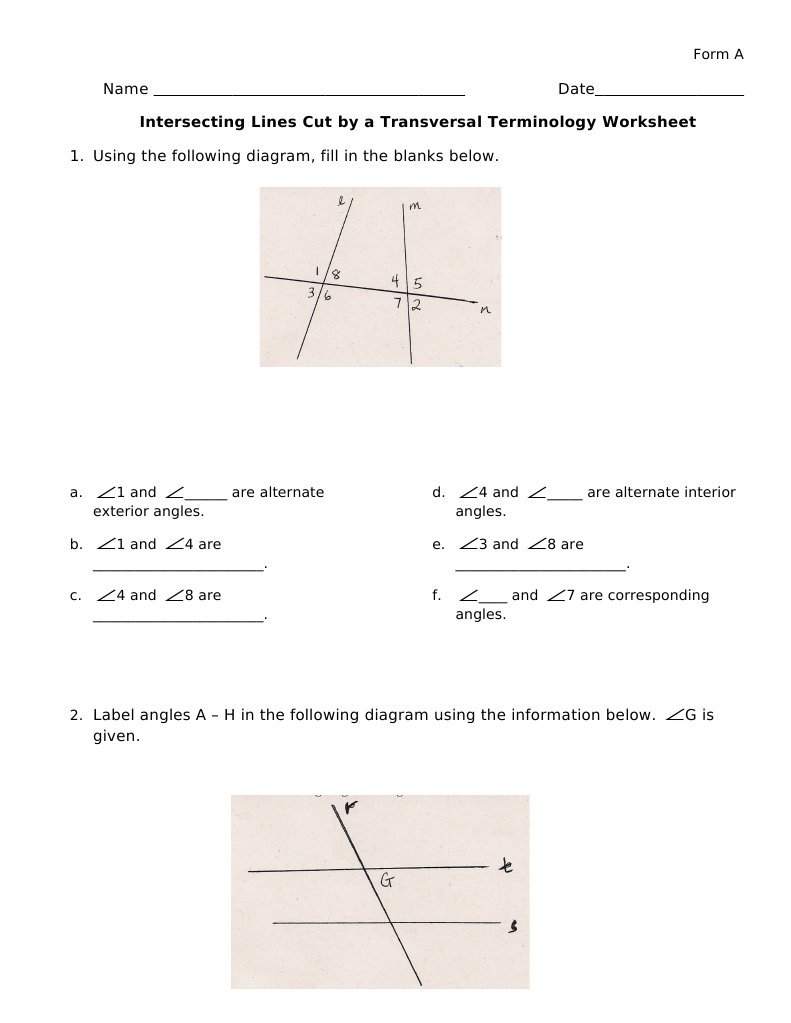Transversal Angles Terminology Worksheet | PDF