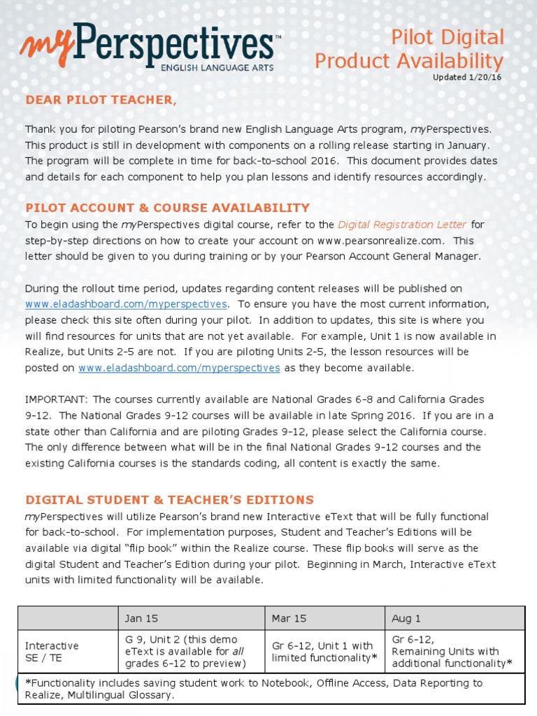 myPerspectives Pilot Program Overview | PDF | Teachers | Computing