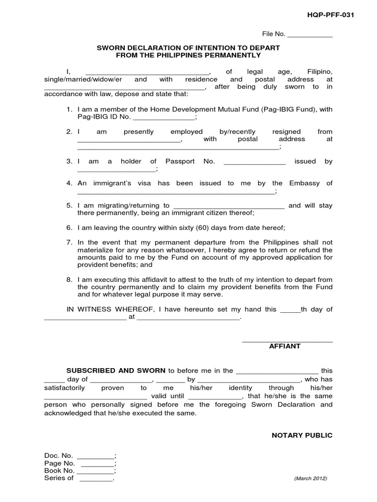 Sworn Declaration of Intent to Depart | PDF