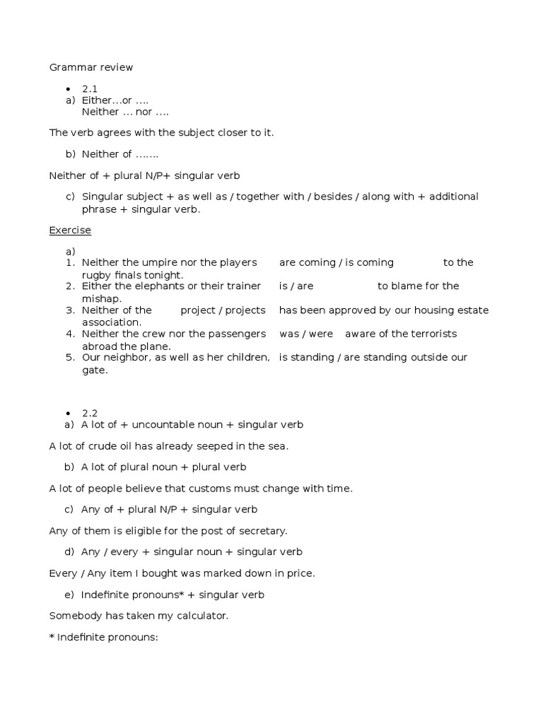 Grammar Subject Verb Agreement Review | PDF | Grammatical Number | Plural
