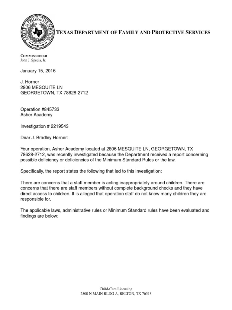 DFPS investigation letter into Asher Academy | Child Care ...