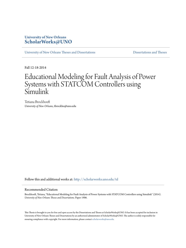 Educational Modeling For Fault Analysis Of Power Systems With Statcom Using Simulink Pdf