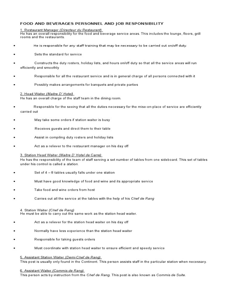 Duties and Responsibilities Food and Beverages | Waiting Staff | Chef