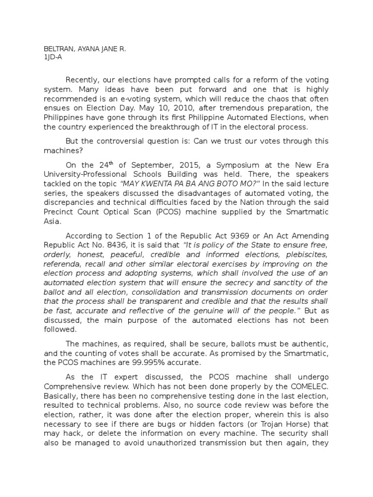 Reaction Paper (PCOS Machines) | PDF | Elections | Public Sphere