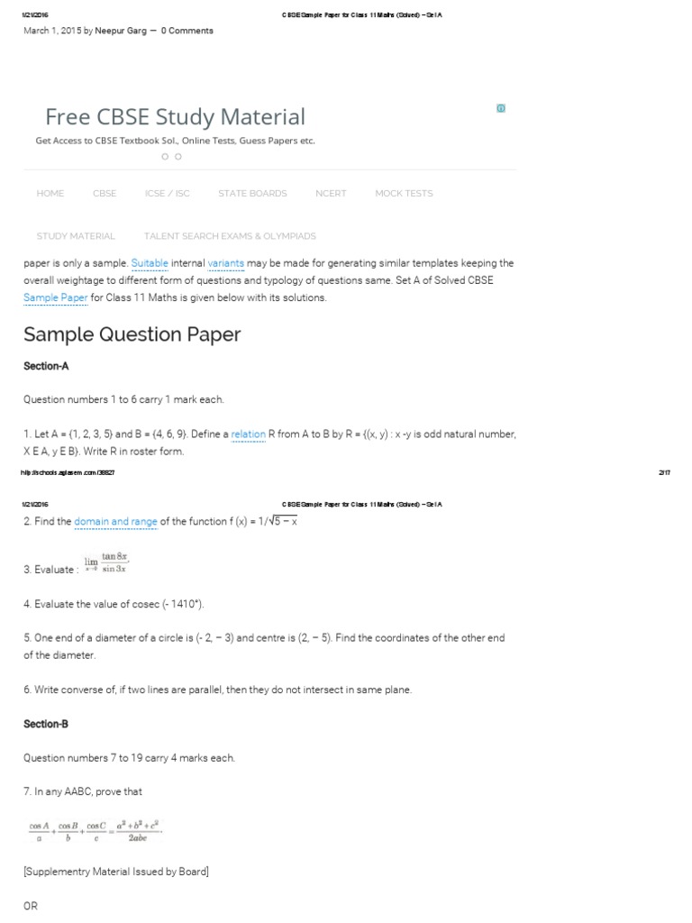 Class 11 Maths Sample Paper Set A | PDF | English Language | Teaching ...